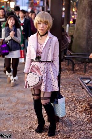 Pink Polka Dot Dress, Pink Heart Bag & Pink Leather Jacket in Harajuku ...