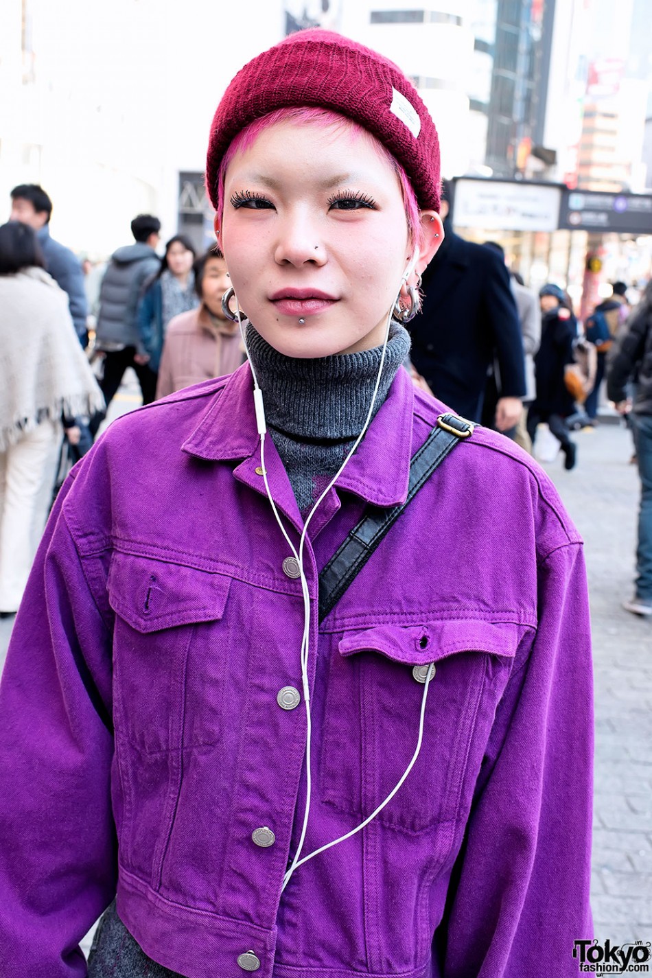 Pink Hair, Purple Denim Jacket & Piercings in Shibuya – Tokyo Fashion