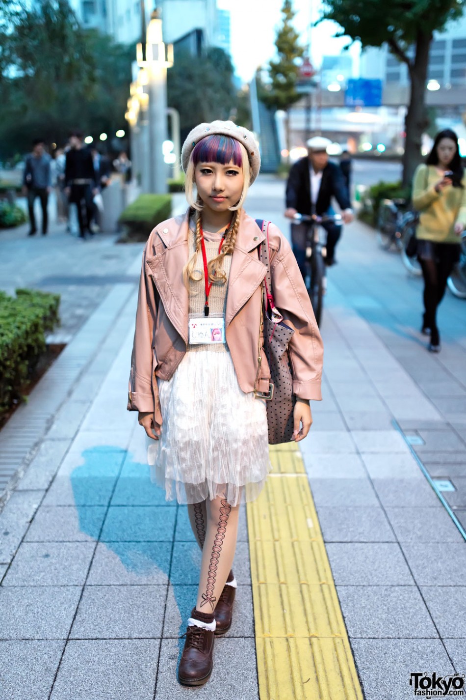 Colorful Bangs Hairstyle, Leather Jacket, Sheer Skirt & Button Bag ...