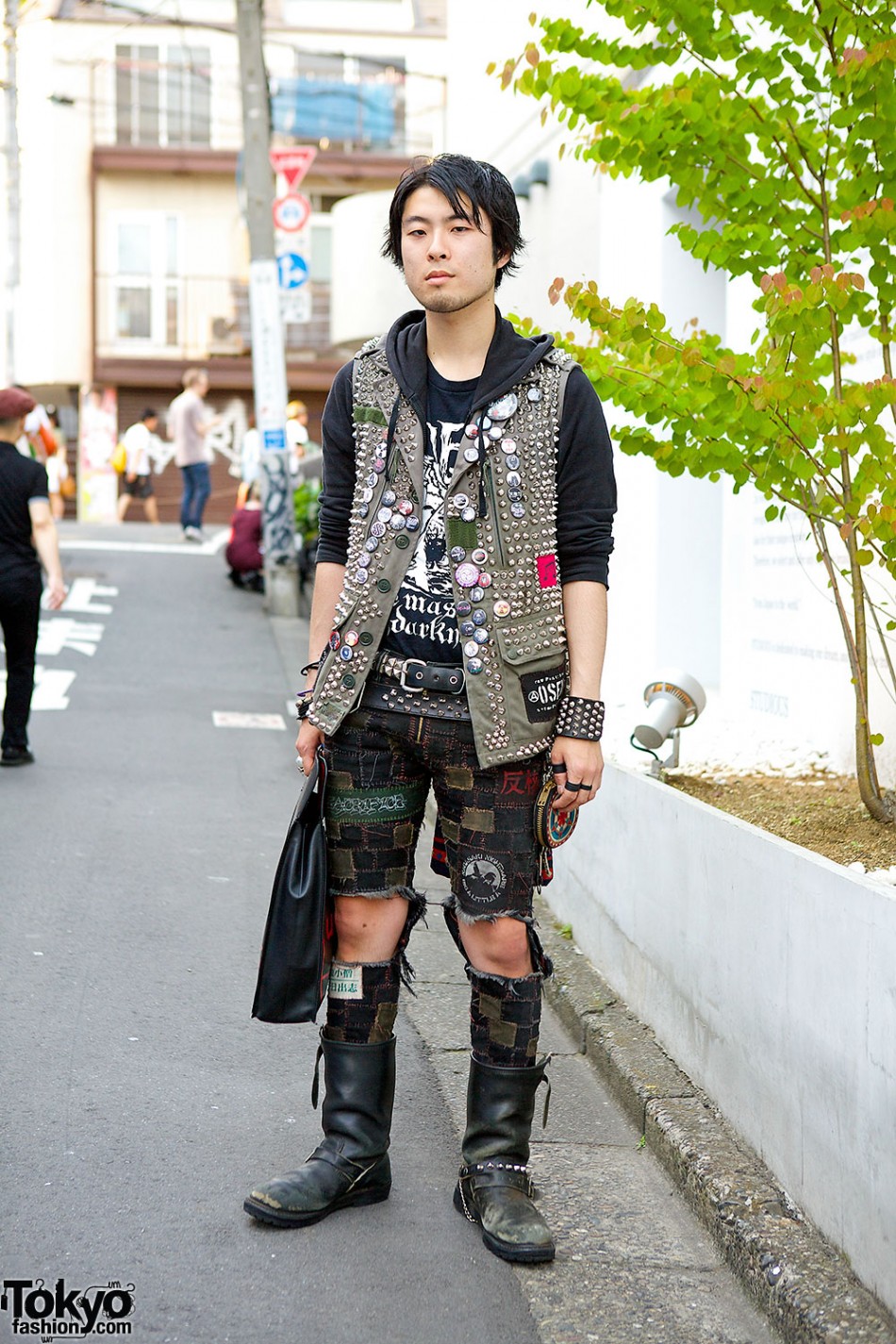 Crust Punk Patch Pants, Disk Union Bag & Studded Vest in Harajuku ...