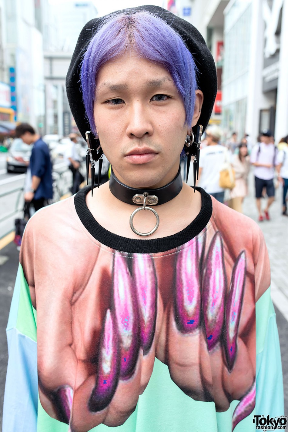 Purple Hair, MYOB Earrings, W.I.A Top & Jeremy Scott Bag in Harajuku – Tokyo Fashion