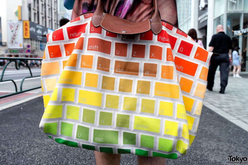 Purple Hair, MYOB Earrings, W.I.A Top & Jeremy Scott Bag in Harajuku – Tokyo Fashion
