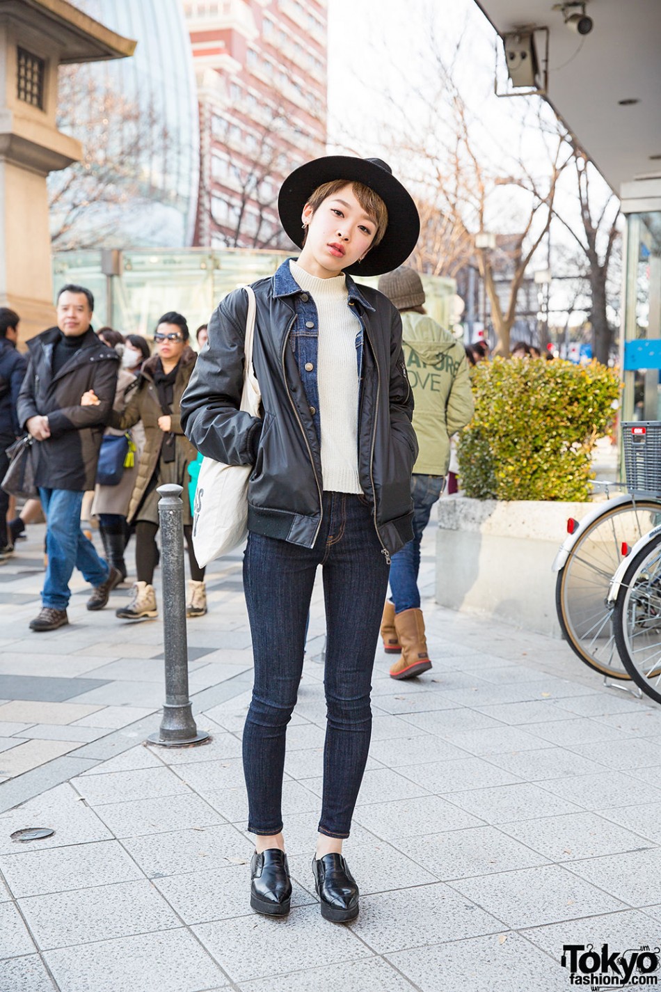 Harajuku Girl in Layered Jackets w/ Hat, Snidel Shoes & Moussy Jeans ...