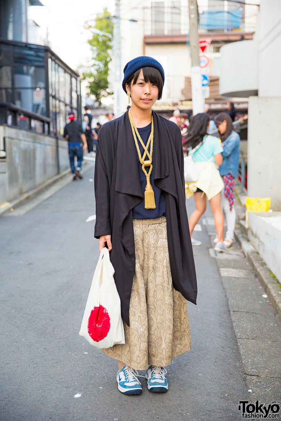 Harajuku Girl in Draped Jacket, Tassel Necklace & Japanese Flag Bag ...