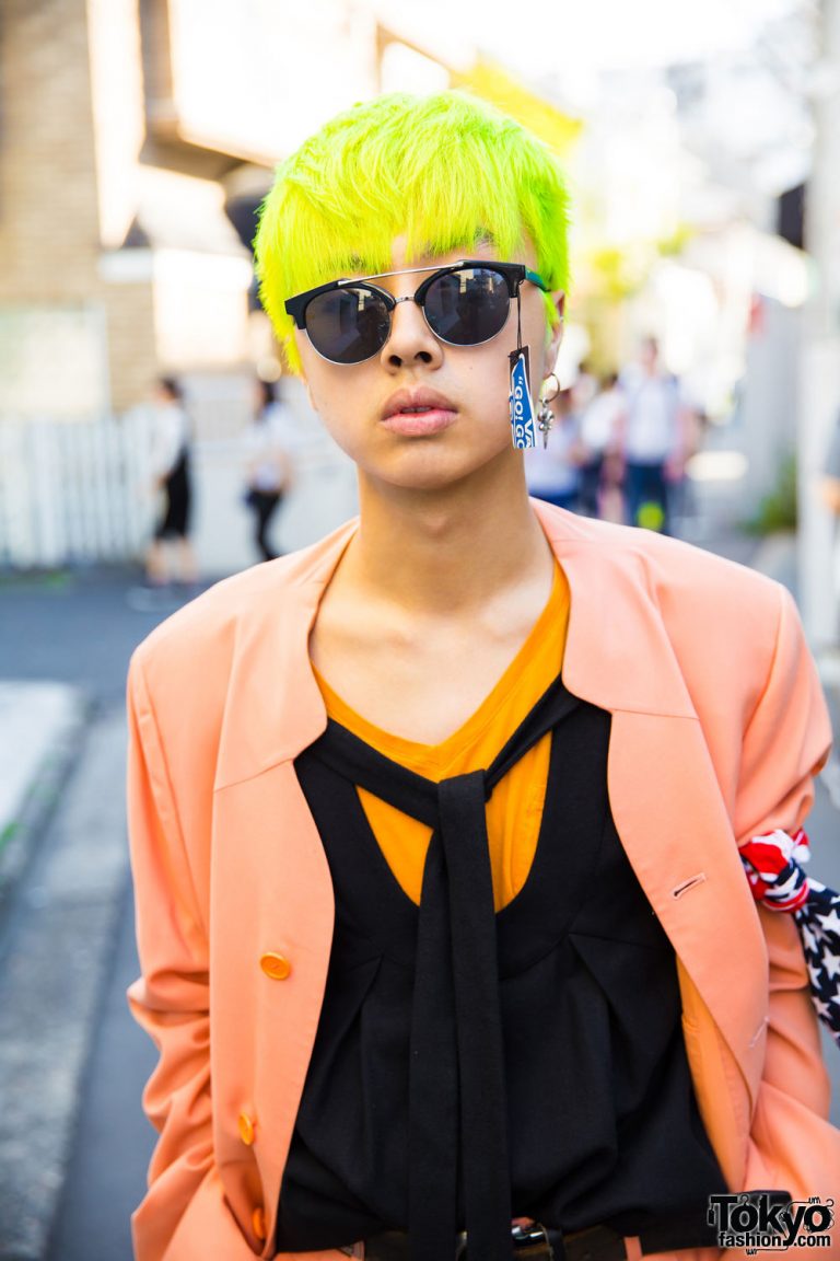 Neon-Haired Harajuku Guy in Junko Koshino Blazer & Pleated Pants ...