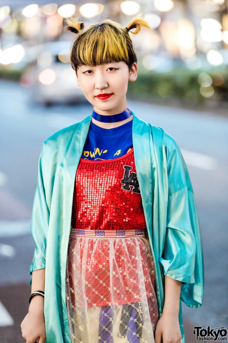 Vintage Harajuku Street Style w/ Satin Jacket, Sequin Top, Sheer Skirt ...