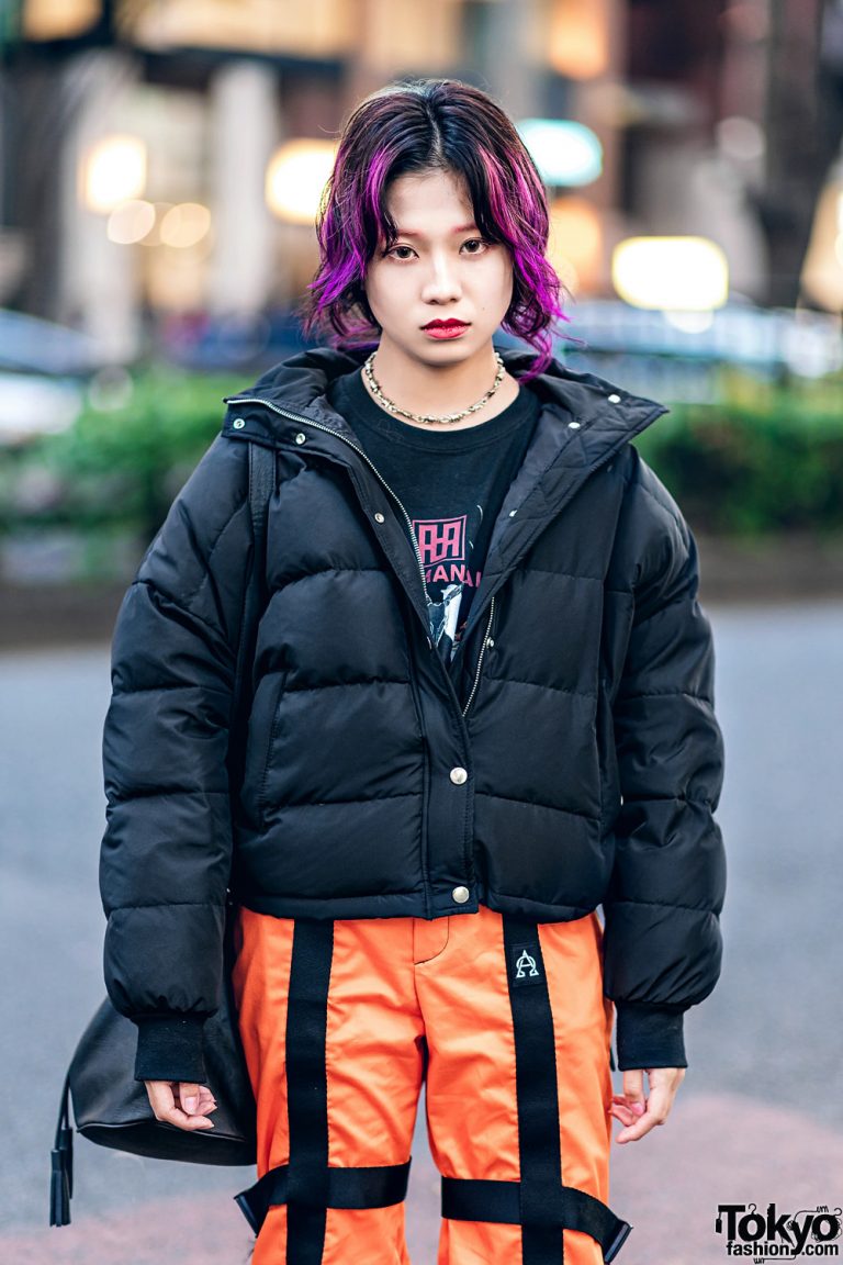 Tokyo Winter Street Style w/ Purple Hair, Jouetie Puffer Jacket, Orange ...