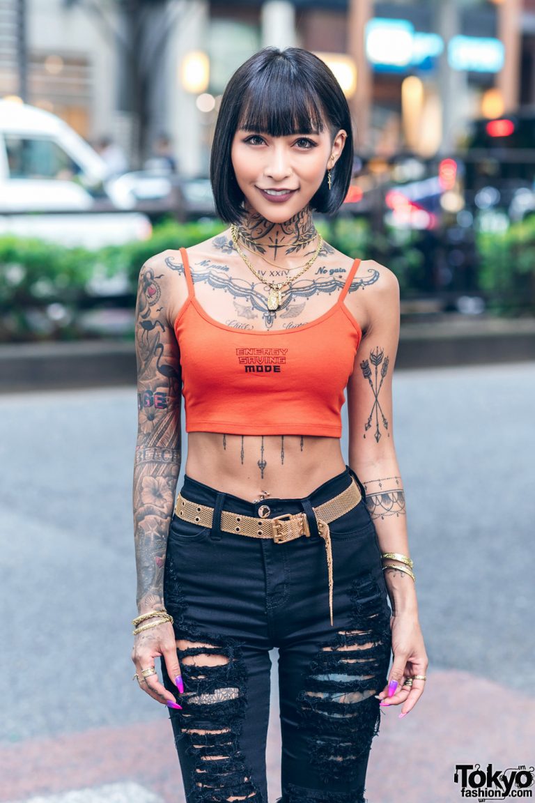 Japanese Hair/Makeup Artist & Model in Harajuku w/ Tattoos, Crop Top ...