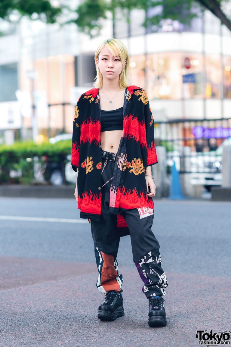 Harajuku Girl Streetwear w/ Vintage Flame Print Top, Cote Mer Printed ...