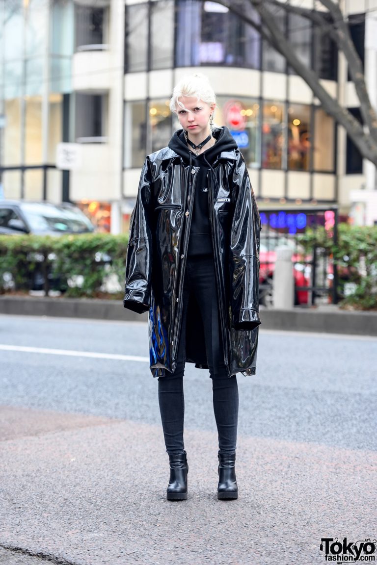 Harajuku Girl in Oversized Patent Leather Coat by Japanese Brand Saint ...