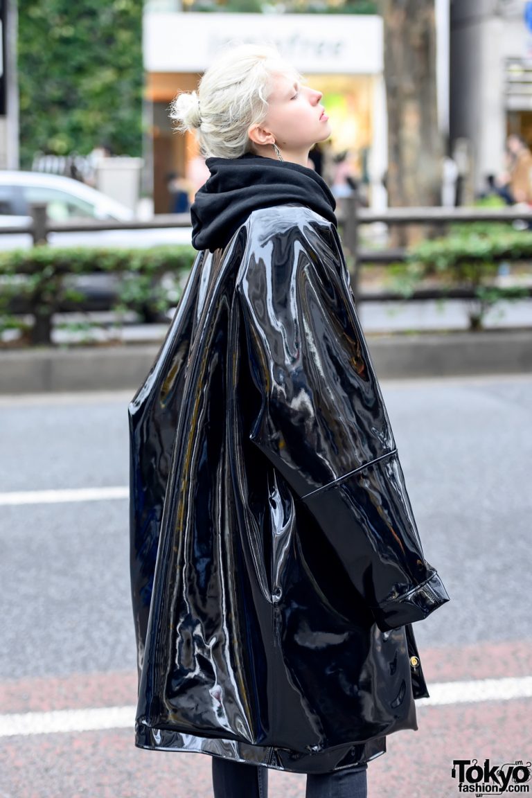 Harajuku Girl in Oversized Patent Leather Coat by Japanese Brand Saint ...