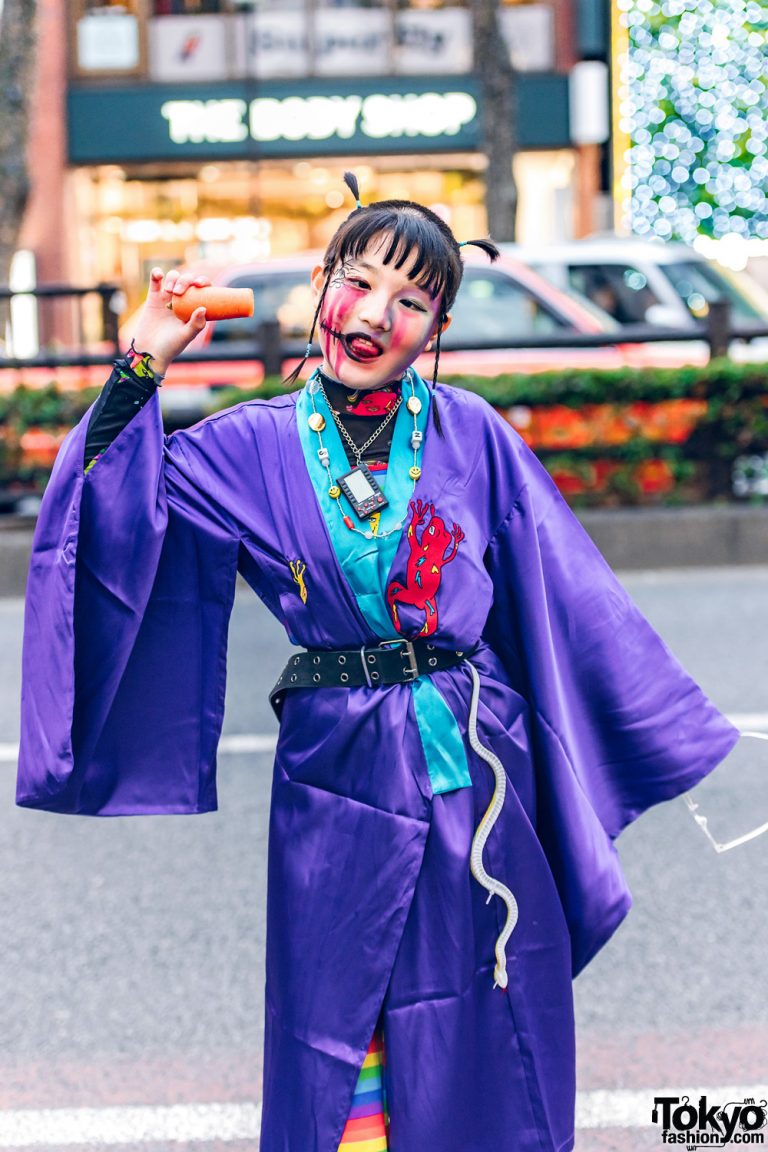 Kobinai Kimono Japanese Street Style w/ Shaved Hairstyle, Rainbow Pants ...