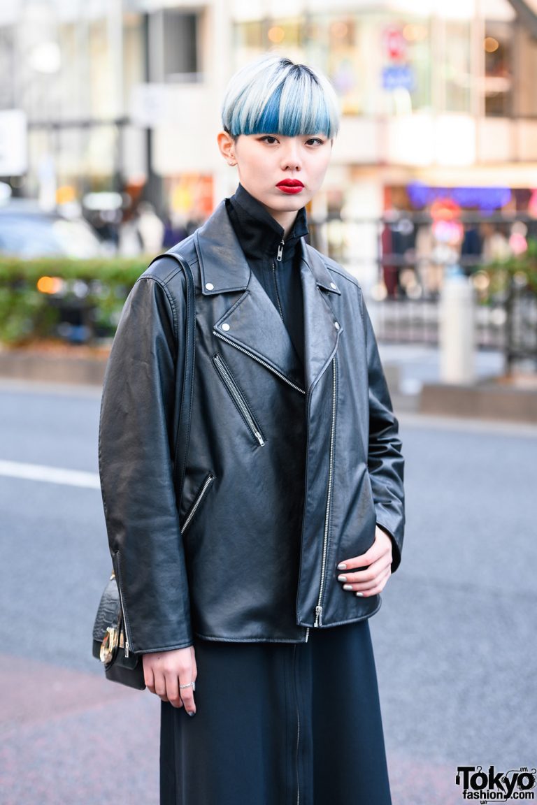 Chic Minimalist Japanese Street Fashion w/ Silver Blue Bob, Motorcycle ...