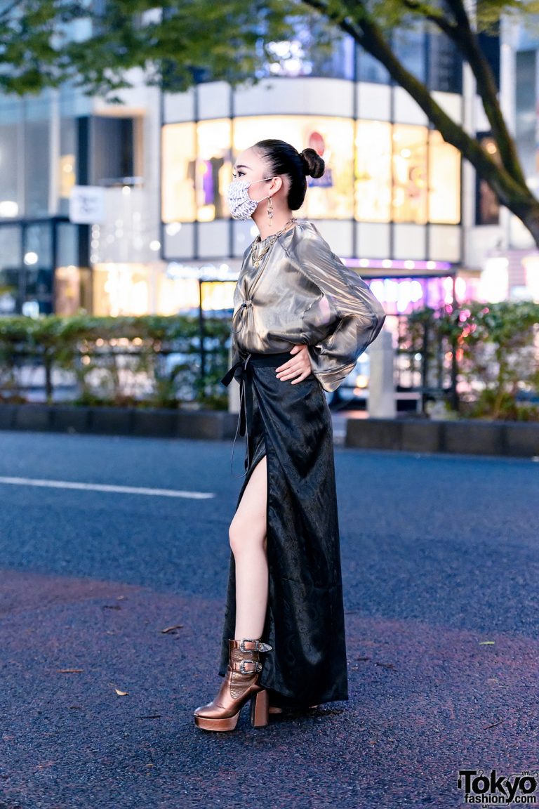 Juemi Tokyo Style w/ Printed Mask, Chain Earrings, Ruched Chiffon Top ...