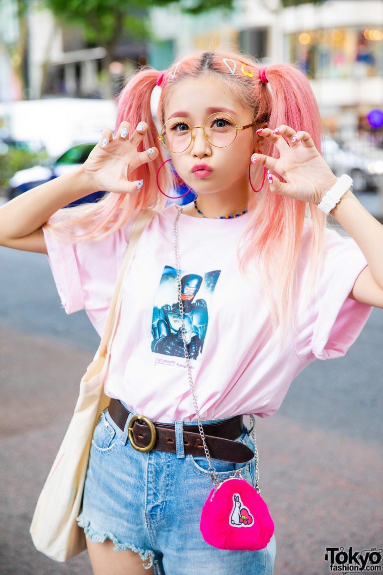 Pink Twin Tails Harajuku Street Style w/ FR2 RoboCop T-Shirt, GYDA Cutout Jeans, Hotel New York ...