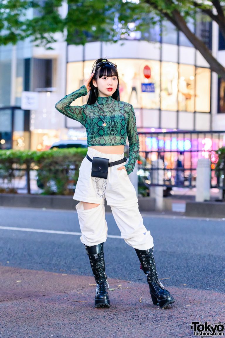 Snakeskin Crop Top Japanese Street Style w/ Aqua Hair Streaks, Jeremy ...
