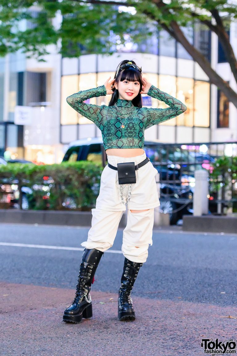 Snakeskin Crop Top Japanese Street Style w/ Aqua Hair Streaks, Jeremy ...