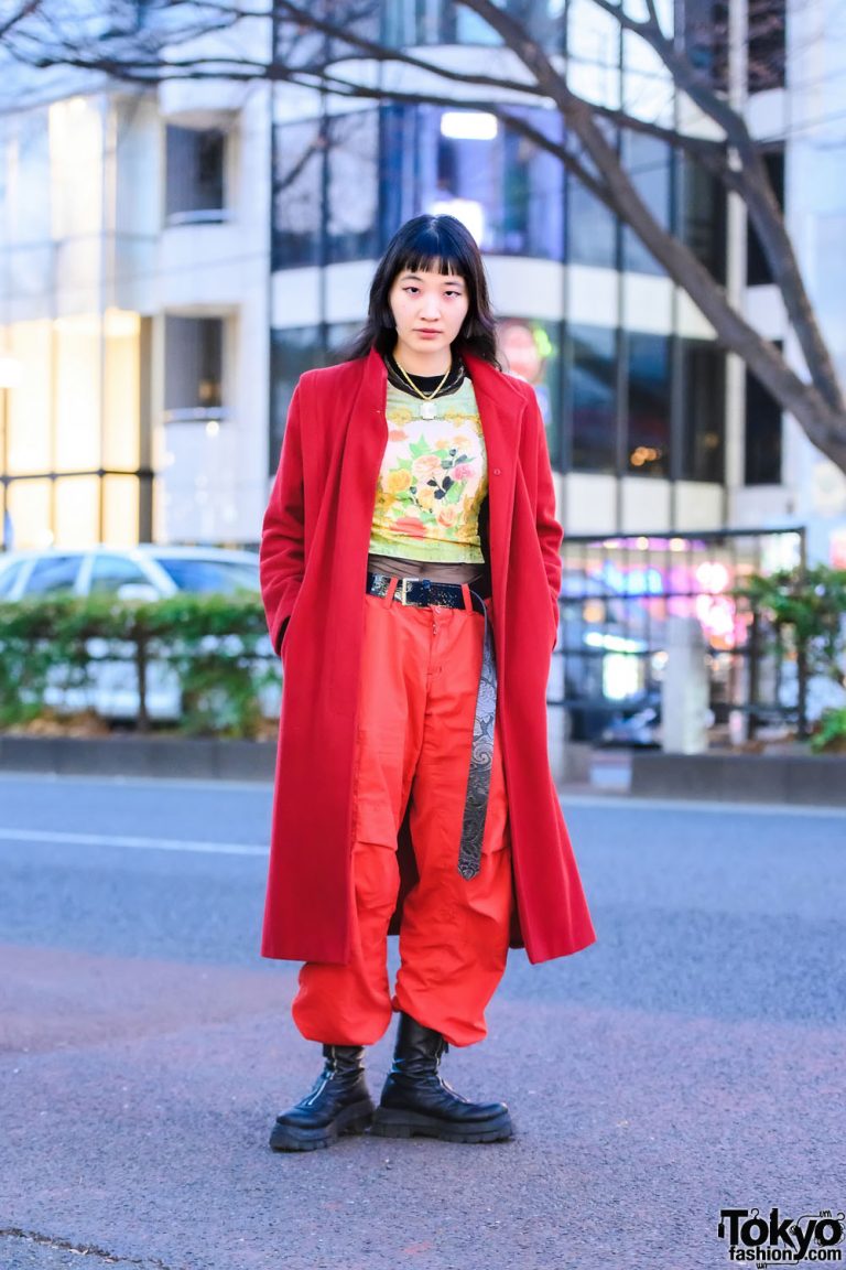 Japanese Model In All-Red Harajuku Street Style w/ END. Long Coat, Otoe ...