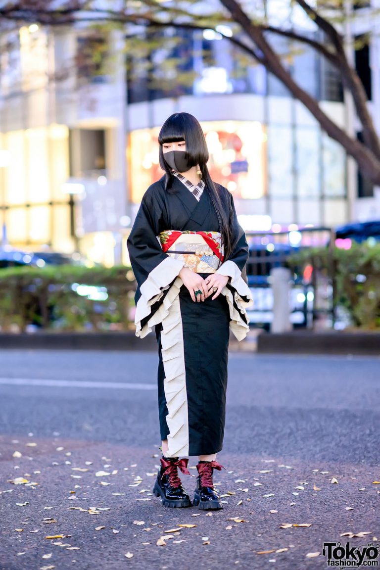Japanese Kimono Street Style w/ Hime Haircut, Gofuku Yasan Obi, Saku ...