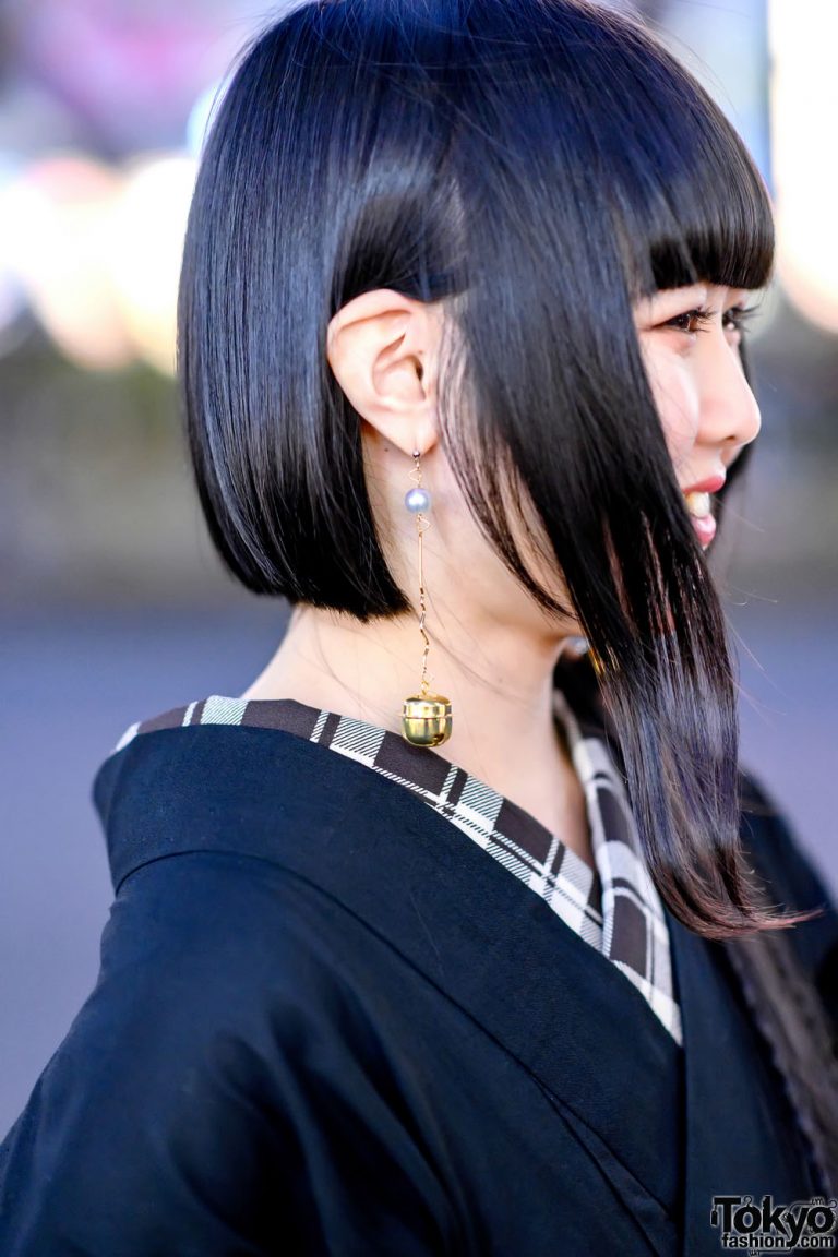 Japanese Kimono Street Style w/ Hime Haircut, Gofuku Yasan Obi, Saku ...