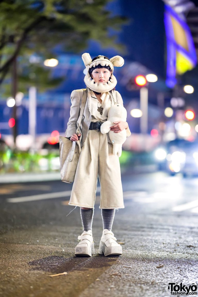 Japanese Designer in Custom Headpiece, Armani Jacket, Wide Short Pants ...