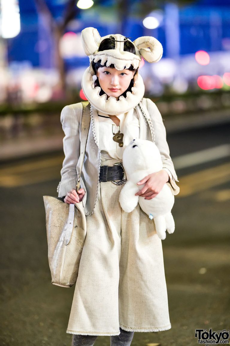 Japanese Designer in Custom Headpiece, Armani Jacket, Wide Short Pants ...