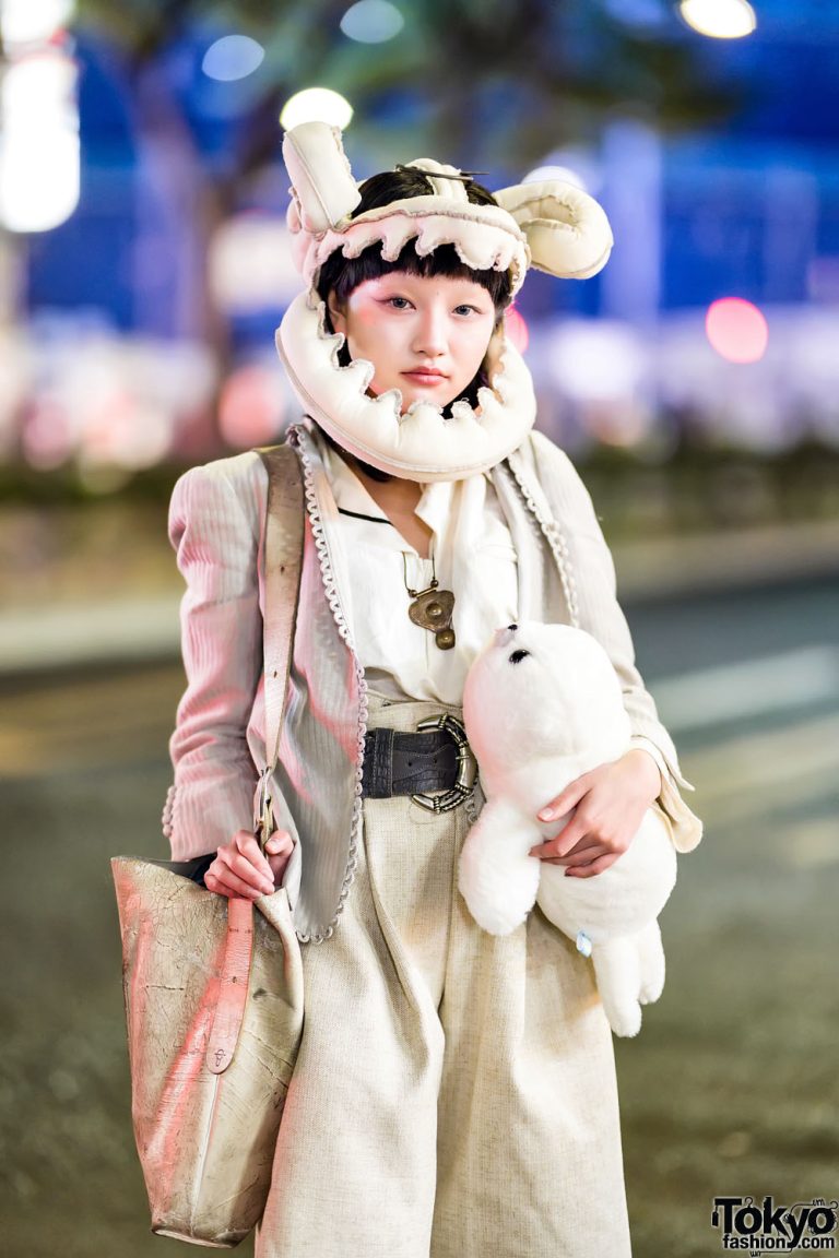 Japanese Designer in Custom Headpiece, Armani Jacket, Wide Short Pants ...
