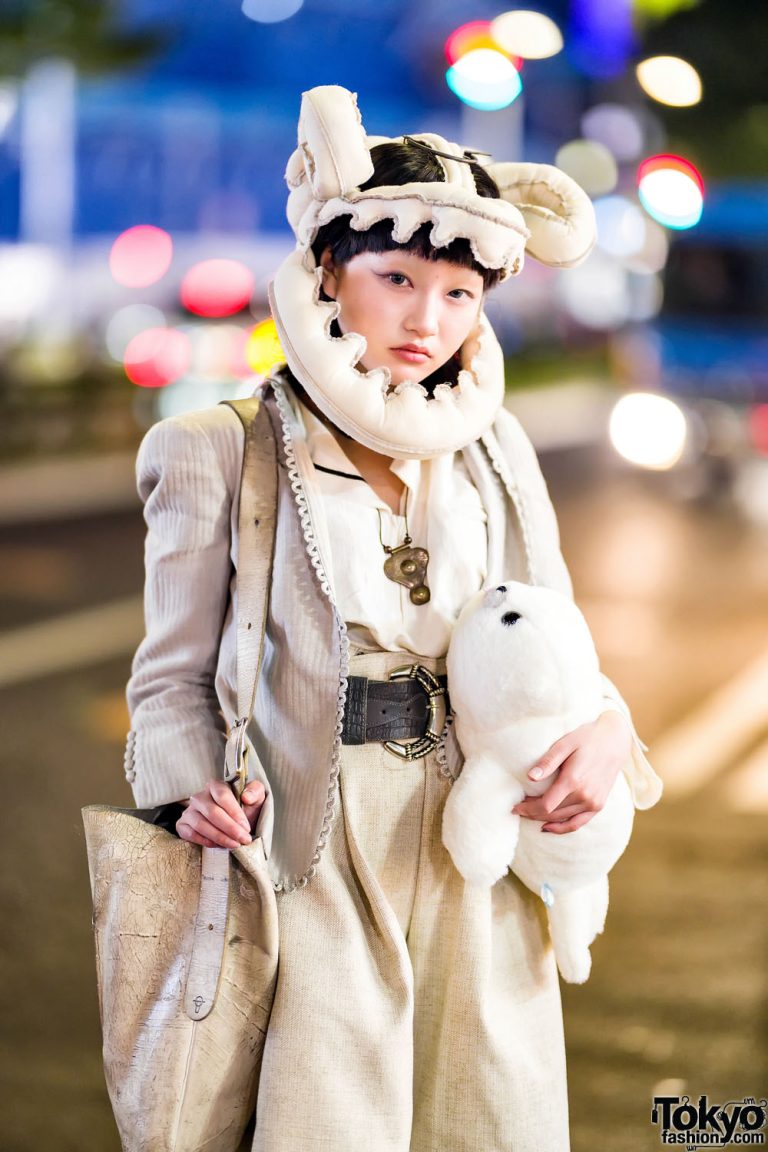 Japanese Designer in Custom Headpiece, Armani Jacket, Wide Short Pants ...