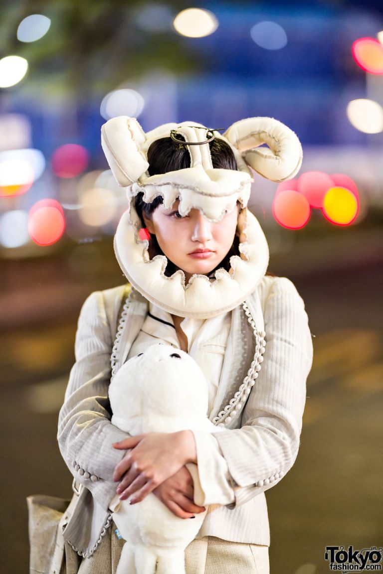 Japanese Designer in Custom Headpiece, Armani Jacket, Wide Short Pants ...